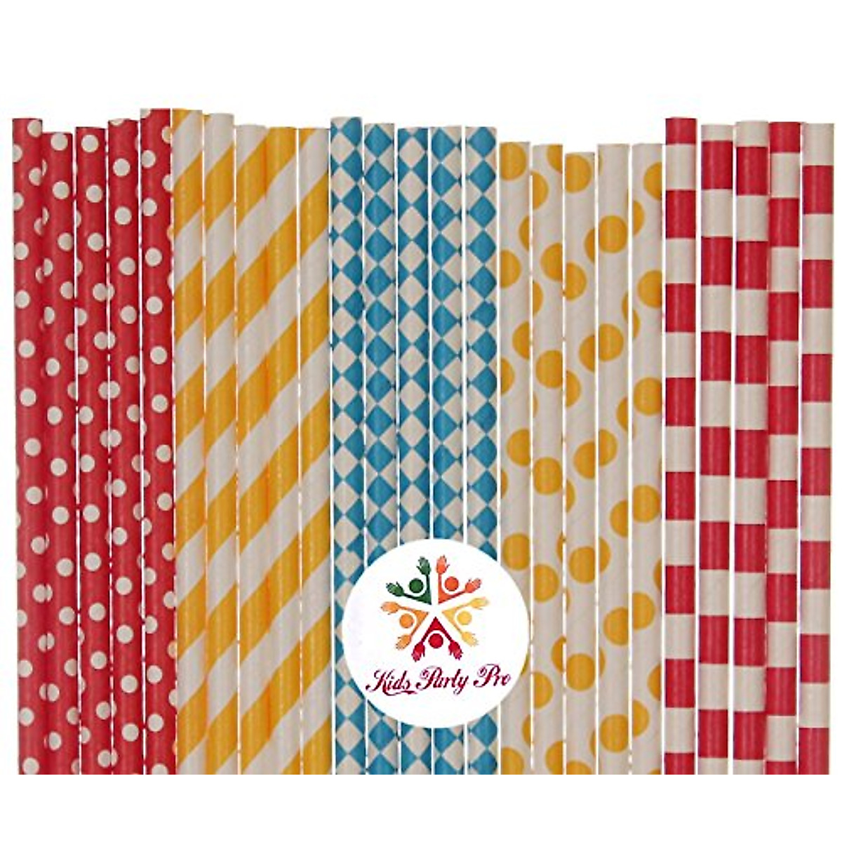 125 pcs Mixed Circus Party Paper Straws, Yellow Striped Polka Dot Red Sailor Stripe Dot Blue Diamond Beverage Paper Drinking Straws Bulk, Carnival Birthday Party Cake Pop Sticks