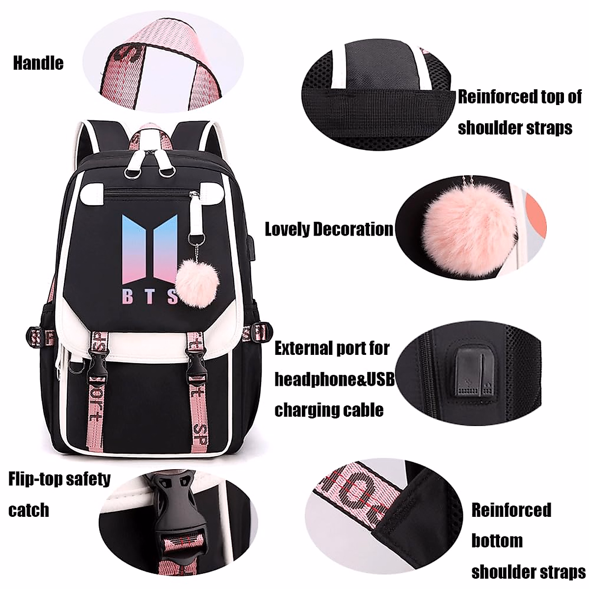 通用 BTS Backpack, Kpop Casual Backpack Black Laptop Backpack, Suitable For Students 11.8 in * 8.26 in * 17.3 in