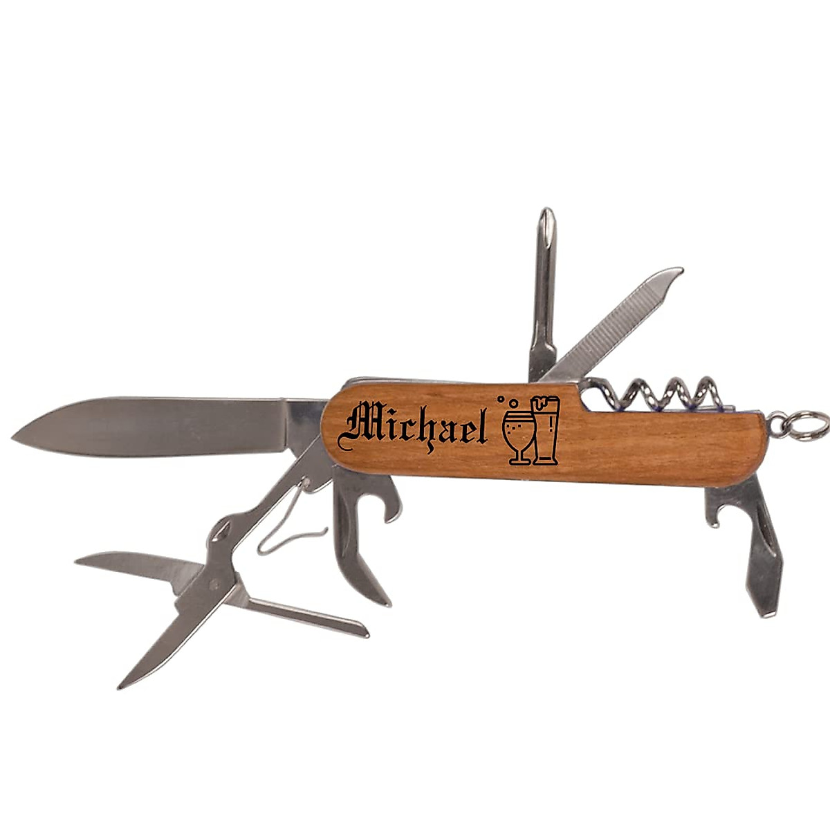 Personalized Wooden Pocket Knife | Customizable Design | Laser Engraved | 8-Function Multi-Tool (Stainless Steel) | Gift for Men, Groomsmen, Birthday, Graduations