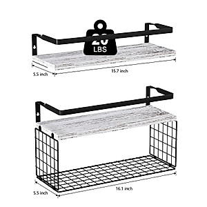 TARGETHOBBY HOBBYMATE Floating Shelves, Wall Mount Storage & Organizer Shelf with Metal Basket and Guardrail, Wall Decor Display Shelves - Rustic White