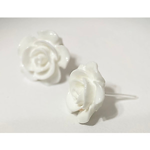 Hypoallergenic Rose 3d Stud Glossy Flower Earrings on Plastic Posts, 14mm (White)