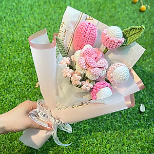 JOMODECOR Handmade Crochet Peony Lychee Bouquet, Knitted Mixed Artificial Forever Flowers with Exquisite Wrap, Gift to Girlfriend Mom Women, Perfect for Valentines, Home Decor, Celebration