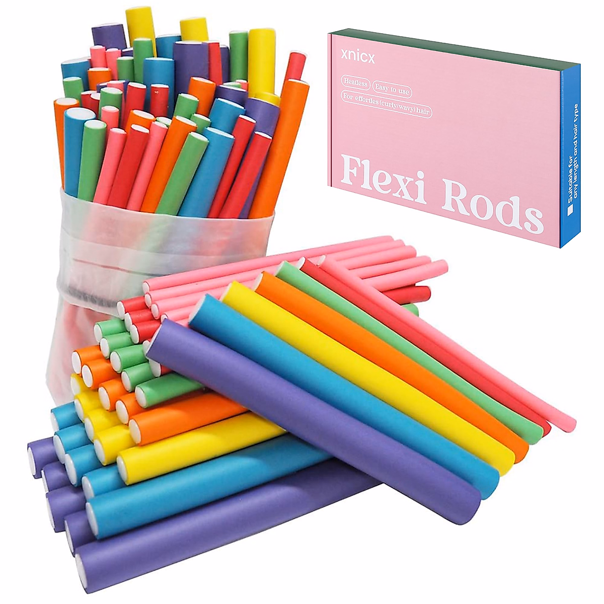 xnicx 47 pcs 7'' Hair Curlers Rollers Flexi Rods Flexible Curling Rods Set No Heat Heatless Bendy Foam Hair Curls for Long,Medium,Short Hair to Sleep in