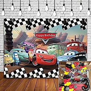 Cars Backdrop Cartoon Cars Birthday Party Supplies 3rd Happy Birthday Backdrop Black White Grid Red Photo Backgrounds Baby Shower Decorations Banner 7x5FT