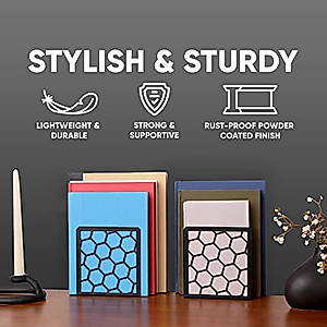 GEOMOD Premium Geometric Black Honeycomb Bookends for Shelves, Metal Book Ends Office, L-Shaped Stopper, Rustproof Decorative Unique Home, 6.25 (L) x 6 (W) inches, 2 Pairs - Geomod, (Pair of 2)