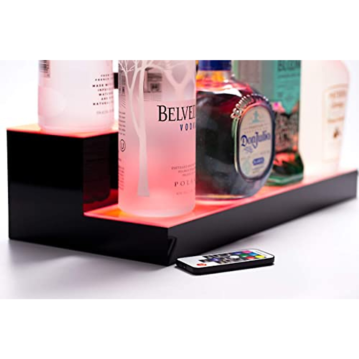 BarSquad LED Lighted Bar Shelf - 16in, 2 Step Illuminated Liquor Bottle Display Shelf with Multicolor Lighting Modes, Wireless Remote