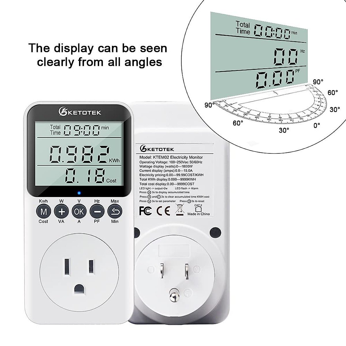 KETOTEK Watt Meter Plug-in Socket Power Meter, Kilowatt Wattage Voltage Tester, Home Electricity Usage Monitor with Overload Protection, LCD Display Energy Voltage Amps Power Consumption Monitor