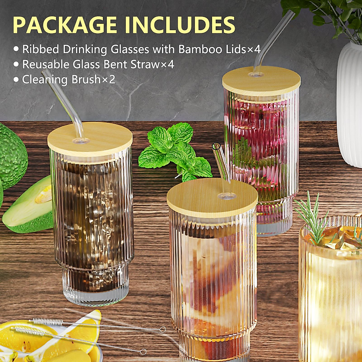 CWHHRN 16OZ Ribbed Glass Cups with Bamboo Lids and Glass Straws 4 Set, Vintage Glassware for Whiskey Cocktail Beer, Iced Coffee Cups for Cute Gifts (4 Set)