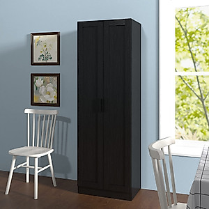 Panana Wooden Tall Storage Cabinet with 2 Doors and Shelves - Free Standing Narrow Food Pantry (Black, 45P)