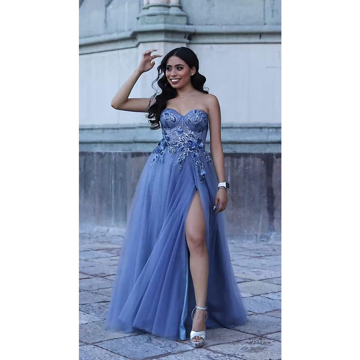 CWOAPO 3D Appliques Teen Girl Prom Dresses Plus Size Birthday Dress for Women Dexy Glitter Tulle Ball Gown with Slit Blue Dress for Wedding Guest US24W