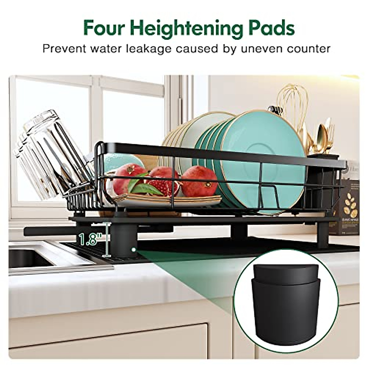 Qienrrae Dish Drying Rack with Drainboard Set, Stainless Steel Dish Drainers for Kitchen Counter, Dish Strainer with Utensil Holder, 360° Swivel Spout and Extra Dryer Mat, Black