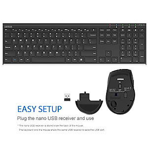 Arteck 2.4G Wireless Keyboard and Mouse Combo Stainless Steel Ultra Slim Full Size Keyboard Keyboard and Ergonomic Mice for Computer Desktop PC Laptop and Windows 10/8/7 Build in Rechargeable Battery
