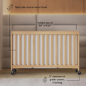 Foundations Travel Sleeper Full-Size Wooden Folding Crib, Portable Baby Crib with 3” InfaPure Foam Crib Mattress and Commercial Grade Casters, Hotel Crib (Natural)
