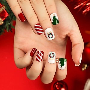 Christmas Press on Nails Short Square Fake Nails with Rhinestone Wreath Designs Acrylic Nails Cute Red White Elk Deer Winter Green Xmas Tree Glue on Nails for Women Girls 24 Pcs