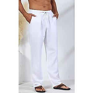 Soojun Men's Linen Beach Pants Lightweight Summer Pants with Drawstring, White, Medium/32 Inseam