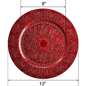 Hacaroa Set of 12 Plastic Round Charger Plates, 13 Inch Red Chargers for Dinner Plates, Antique Wedding Chargers for Table Setting, Holiday, Catering Event, Embossed Patterns