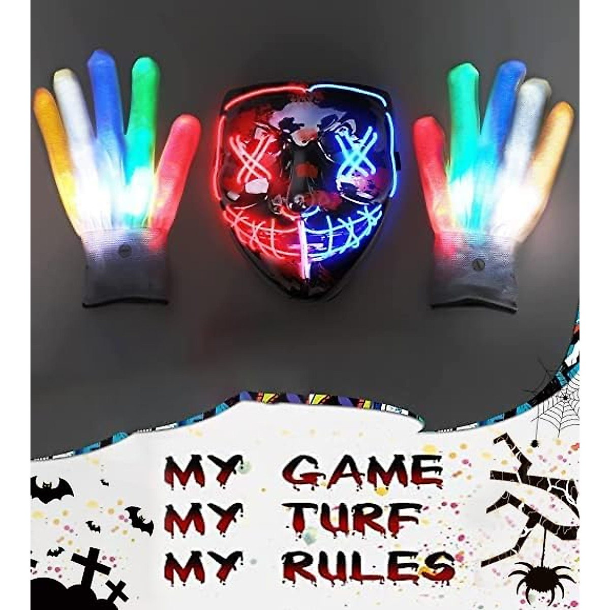 STONCH Halloween Mask Skeleton Gloves Set, 3 Modes Light Up Scary LED Mask with LED Glow Gloves, Halloween Decorations Anonymous Carnival Costumes glow purge Masks ​Gift for Boys Girl