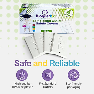 Self-Closing Electrical Wall Outlet Covers for Baby Proofing, Premium Plastic, Standard-Size Child Proof Outlet Cover, 4.6 x 3 Inches, Pack of 4, White - Wonderkid