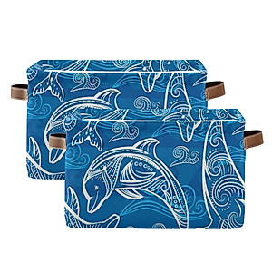 susiyo Large Foldable Storage Bin Dolphins Fabric Storage Baskets Collapsible Decorative Baskets Organizing Basket Bin with PU Handles for Shelves Home Closet Bedroom Living Room-2Pack