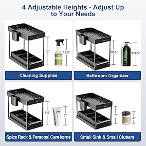 ESSBLIN Under Sink Organizer,1 Pack Height Adjustable Under Cabinet Storage for Bathroom Kitchen Cleaning Supplies with Hooks Hanging Cup,2 Tier Sturdy Large Capacity Pull Out Drawer Black