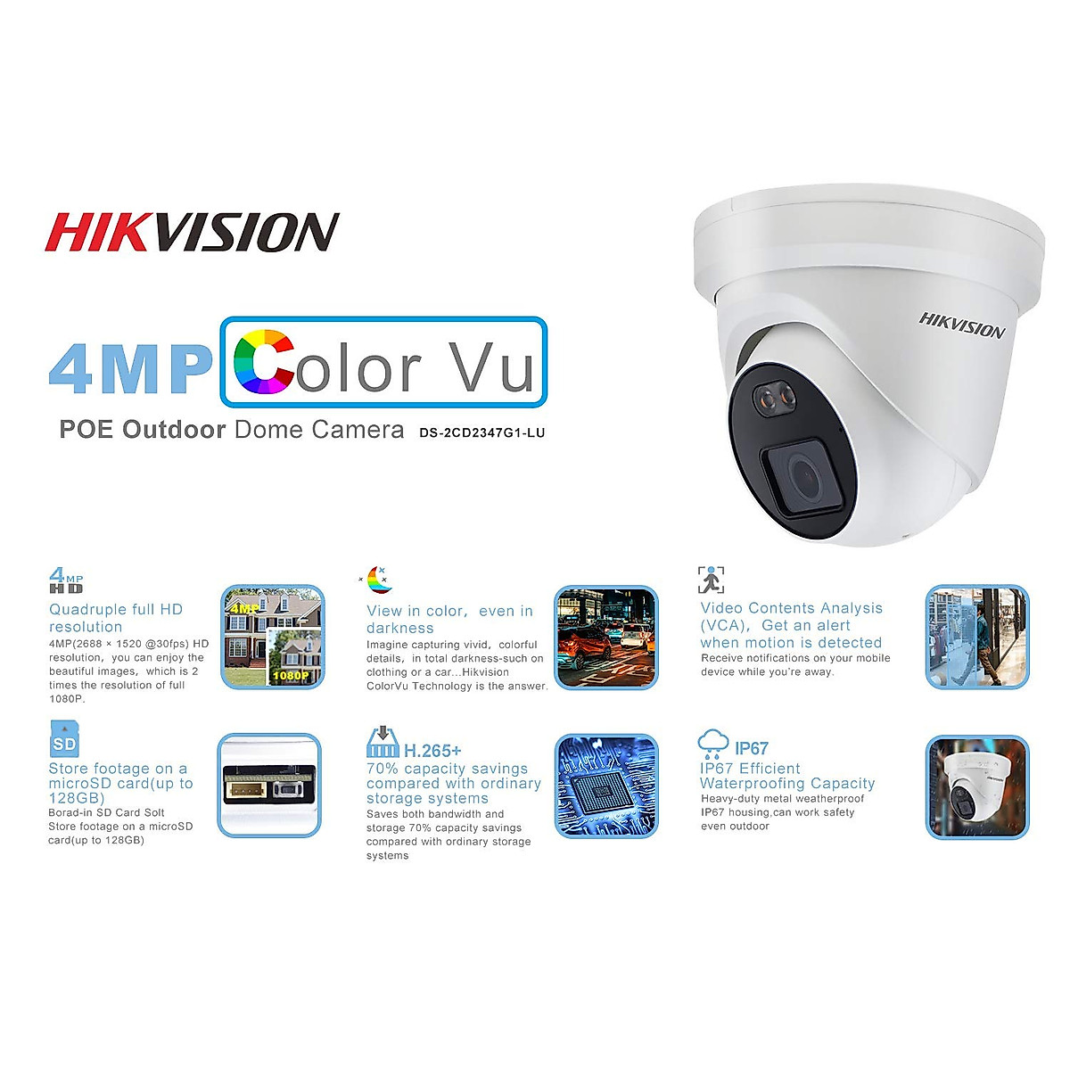 Hikvision IP Camera DS-2CD2347G2-LU 4mm Lens IP Camera,PoE Camera Outdoor Indoor Fixed Turret Network Camera,Micro SD Card Slot Built-in mic H.265+ Waterproof English Version International