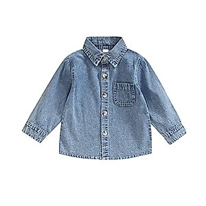 Toddler Baby Boys Cute Long Sleeve Button Down Jean Shirt Slouchy Denim Dress Shirt (Blue,3-4T)