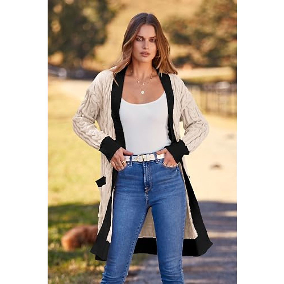 PRETTYGARDEN Women's 2024 Fall Cable Knit Cardigan Sweaters Casual Long Sleeve Open Front Loose Outerwear Coats (Beige,Medium)
