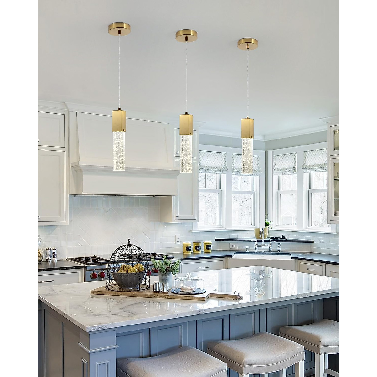 Mecgirn Modern Crystal Pendant Lights for Kitchen Island, Brushed Gold Pendant Light Fixtures 1-Light, Bubble Crystal Pendant Lighting for Bar Over Sink, GU10 Base (Bulb Not Included)