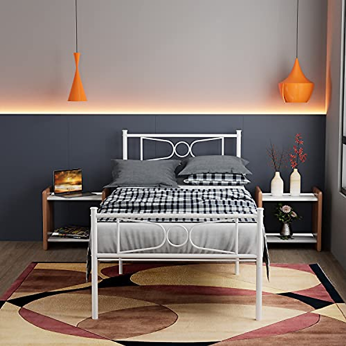 GIME White Twin Bed Frames with Storage for Girls Boys, Platform Bed Mattress Foundation Duty Metal Slats Support with Headboard/Footboard for Teenagers Student, No Box Spring Needed
