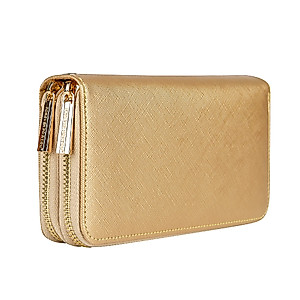 Cynure Women's Large Zipper Card Organizer Long Leather Wristlet Clutch Wallet for Ladies, Gold