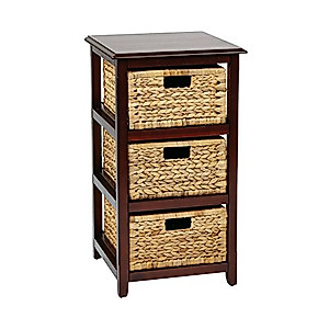 OSP Home Furnishings Seabrook Storage Tower with Solid Wood Frame and Natural Baskets, 3-Drawer, Espresso Finish