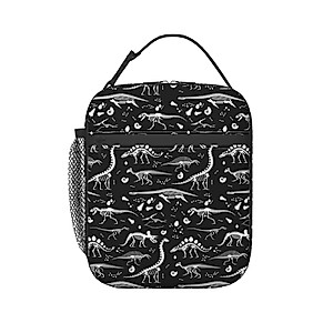 Black and White Dinosaur Skeleton Lunch Bag Insulated Lunch Box Cooler Tote with Shoulder Strap for Boys Girls Women Men