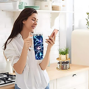 Exnundod 40 oz Tumbler with Handle Abstract Blue Lightning Insulated Stainless Steel Cup with Lid and Straw Travel Cup Leak-proof Fits in Car Cup Holder for Iced & Hot