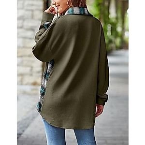 Bozanly Womens Waffle Knit Plaid Patchwork Shirts Lounge Loose Button Down Shacket Jacket Tops(0815-ArmyGreen-L)
