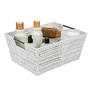 Simplify 3 Pack Set Woven Baskets with Handles, for Storage, Blankets, Toys, Books, Ideal for Home, Office, Dorm, Playroom, Closet, in White 3 Piece Rattan Tote