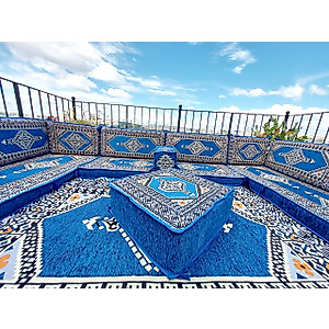 U Shaped Arabic Sofa Set, Terrace Pallet Sofa, Royal Blue Sectional Sofas, Floor Cushions, Arabic Majlis, Pouffs Turkish Floor Seating Set (U Sofas + Rug + Ottoman)