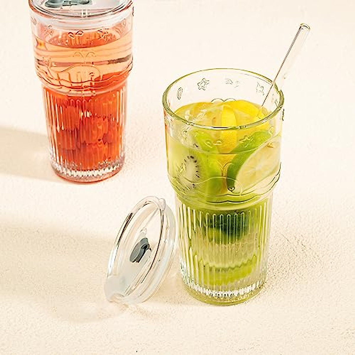 BLUEPOLAR 20oz/600ml Glass Cups With Lids and Glass Straws ，Thick Wall Iced Coffee Cup Glass Cup for Water, Iced Tea Fruit Juice Etc（Clear,2 Pack）