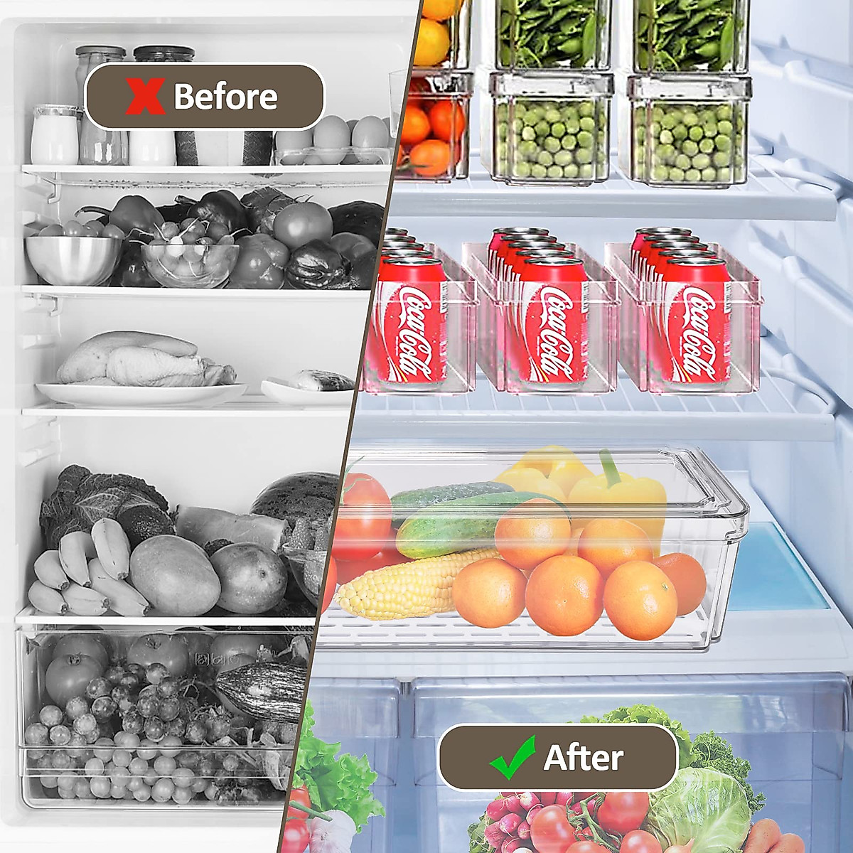 Jiazonsong 14 Pack Fridge Organizer, Stackable BPA-Free Refrigerator Organizer Bins with Lids, Fruit Storage Containers for Fruit Vegetable Food Drinks Cereals Clear