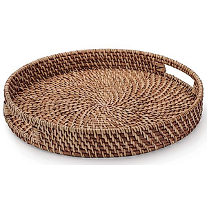 13.8 inch Rattan Tray, Round Wicker Tray with Cut-Out Handles, Woven Serving Tray for Dining / Coffee Table