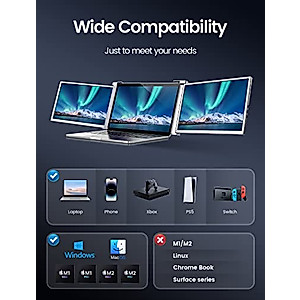 FQQ 14” Triple Laptop Monitor Extender, 1920*1200P FHD IPS Portable Monitor for 15” - 17.3" Laptop, 16:10, Dual Monitor Display for Win/MAC, HDMI/USB-C Plug & Play (Not for Linux Chromebook), S15 Gray