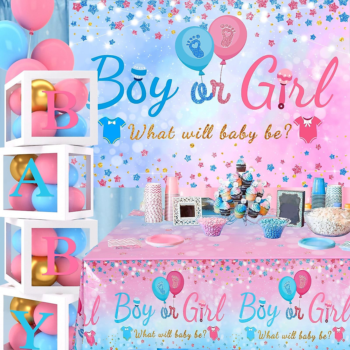 Baby Gender Reveal Party Decorations - Pink Blue Balloon Arch Garland Kits With 4pcs Baby Boxes, Gender Reveal Backdrop and Tablecloths for Baby Shower, Boy or Girl Gender Reveal Party Ideas Supplies