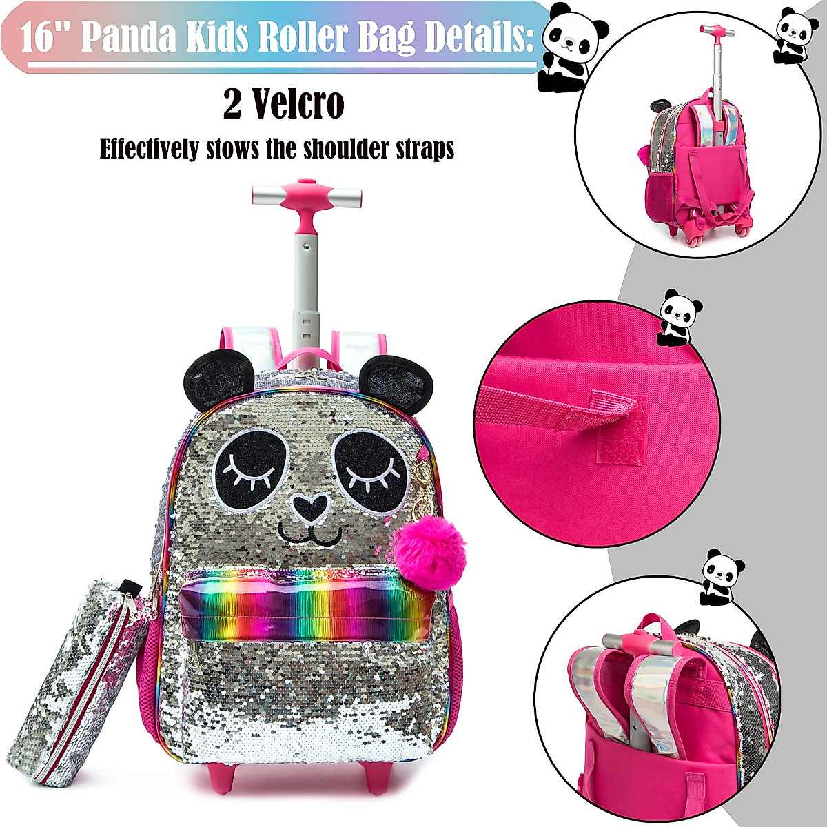 Panda School Kids Rolling Backpack for Girls With Wheels Trolley Wheeled Backpacks for Girls Travel Bags 3PCS Girls Backpack With Lunch Box and Pencil Case Kids Rolling Suitcase Silver Sequin Backpack