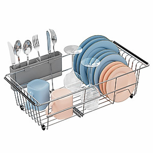 iPEGTOP Expandable Over Sink Dish Drying Rack, Multifunctional Adjustable (14"-18.5") Dish Drainer Organizer Shelf Rustproof Stainless with Grey Utensil Holder for Kitchen Counter