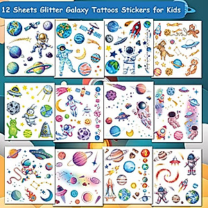 CHARLENT Glitter Galaxy Temporary Tattoos for Kids - 12 Sheets Glitter Outer Space Tattoos for Boys Girls Birthday Party Favors Goodie Bag Fillers