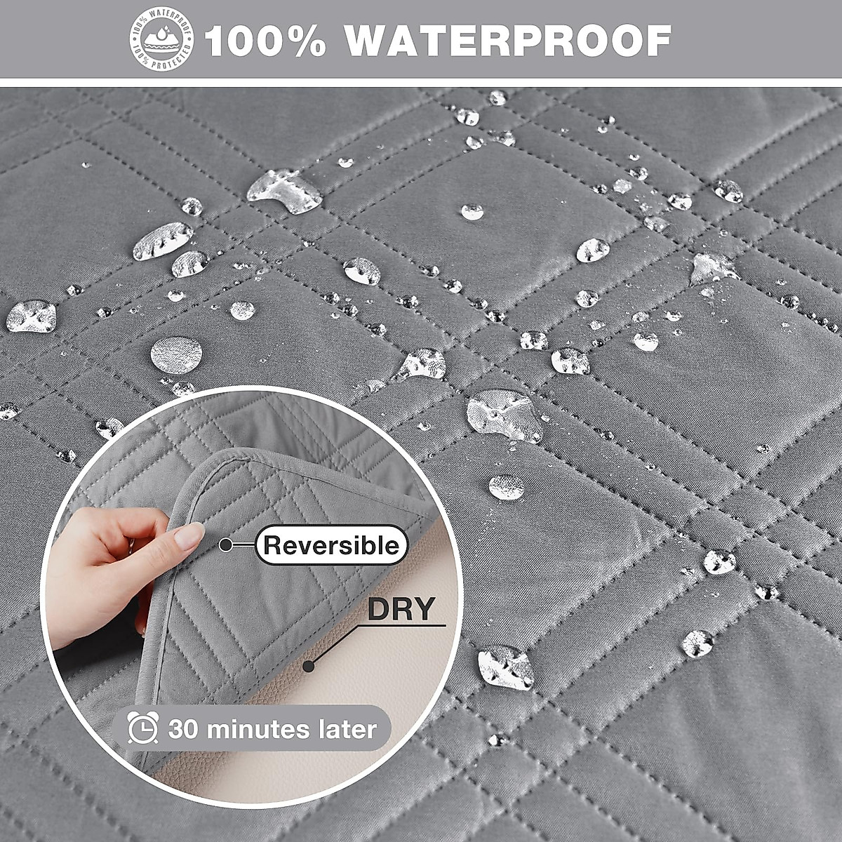 TAOCOCO 100% Waterproof Sectional Couch Covers L Shaped Sofa Covers Chaise Lounge Cover 3pcs Reversible Couch Covers for Sectional Sofa Pet Kids Furniture Protector with Elastic Straps(Small, Gray)