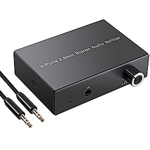 LiNKFOR 4 Port 3.5mm Stereo Audio Splitter, 3.5mm Audio Splitter Switcher Supports 4 Outputs Simultaneously with Volume Control for Passive Speaker, Headphone, PC, MP3, Laptop