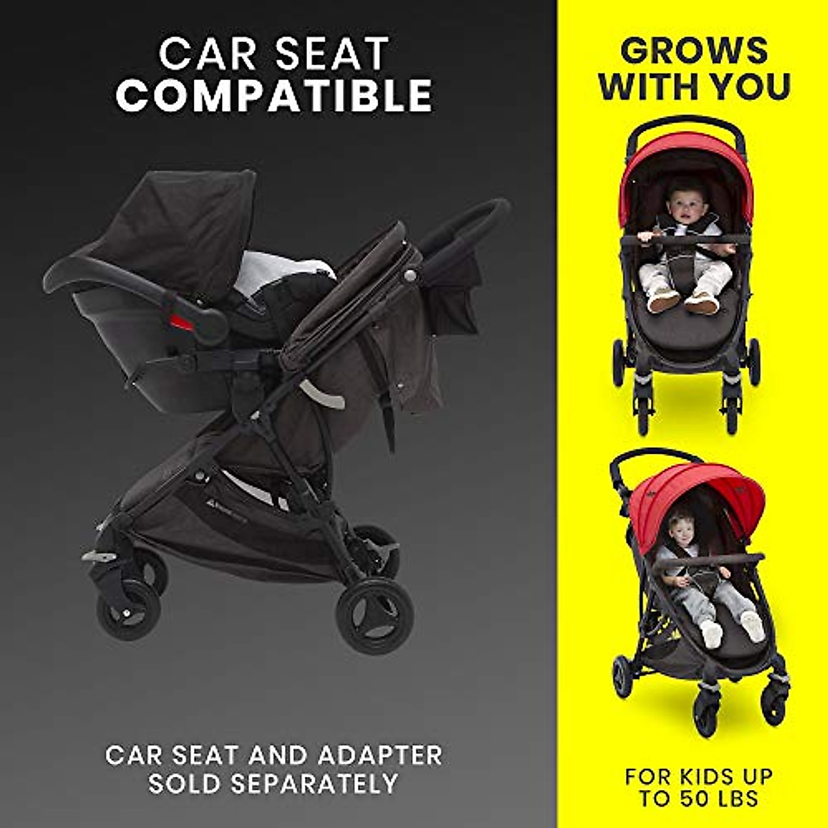 Jeep Gemini Stroller by Delta Children - Full of Features: Easy One-Hand Fold, Recline, Lightweight, Oversized Canopy, 2 Cup Holders, Shock Absorbing Frame, Grey Tweed with Red