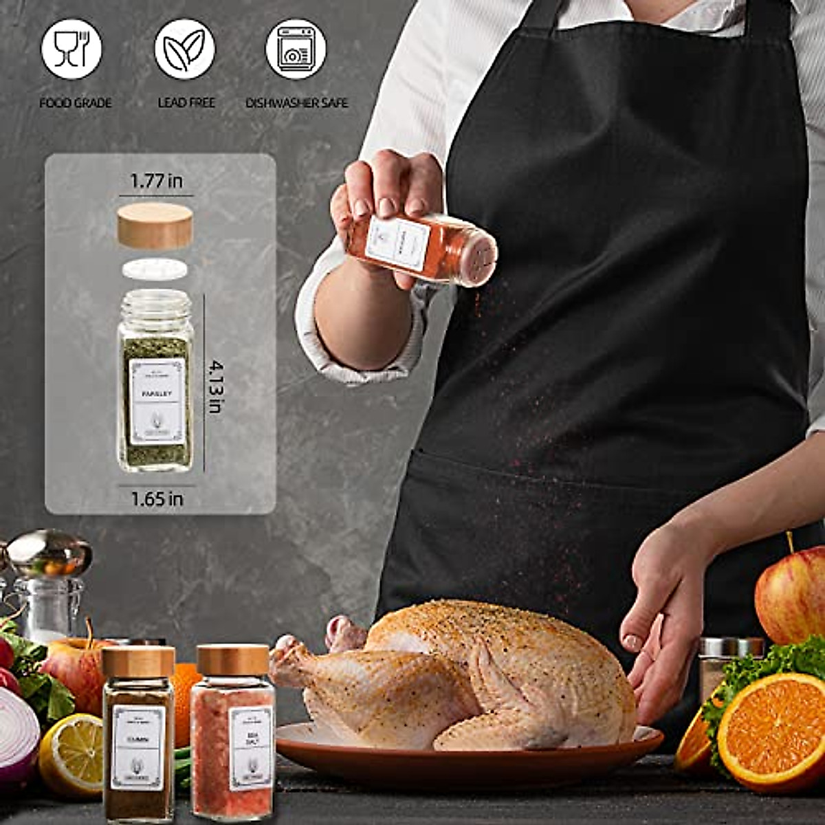 24 Pcs Spice Jars with Labels - 4 oz Glass Spice Jars with Bamboo Lids, Minimalist Farmhouse Spice Labels Stickers, Collapsible Funnel, Seasoning Storage Bottles for Spice Rack, Cabinet, Drawer