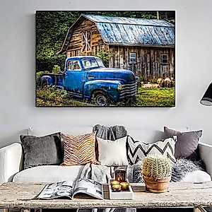 Stamped Cross Stitch Kits for Adults Beginners Farmhouse Blue Car Truck Pattern 11CT Pre-Printed Fabric Embroidery Arts and Crafts Kit Needlepoint Starter DIY Wall Decor, 24 x 32 inch