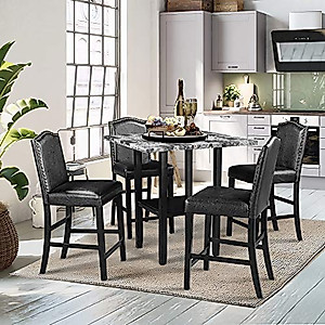 5-Piece Dining Table Set with Bottom Shelf, Faux Marble Counter Height Kitchen Table with Matching 4 PU Leather Chairs, Dining Table Set for Kitchen Living Room (Black Chair+Gray Table)